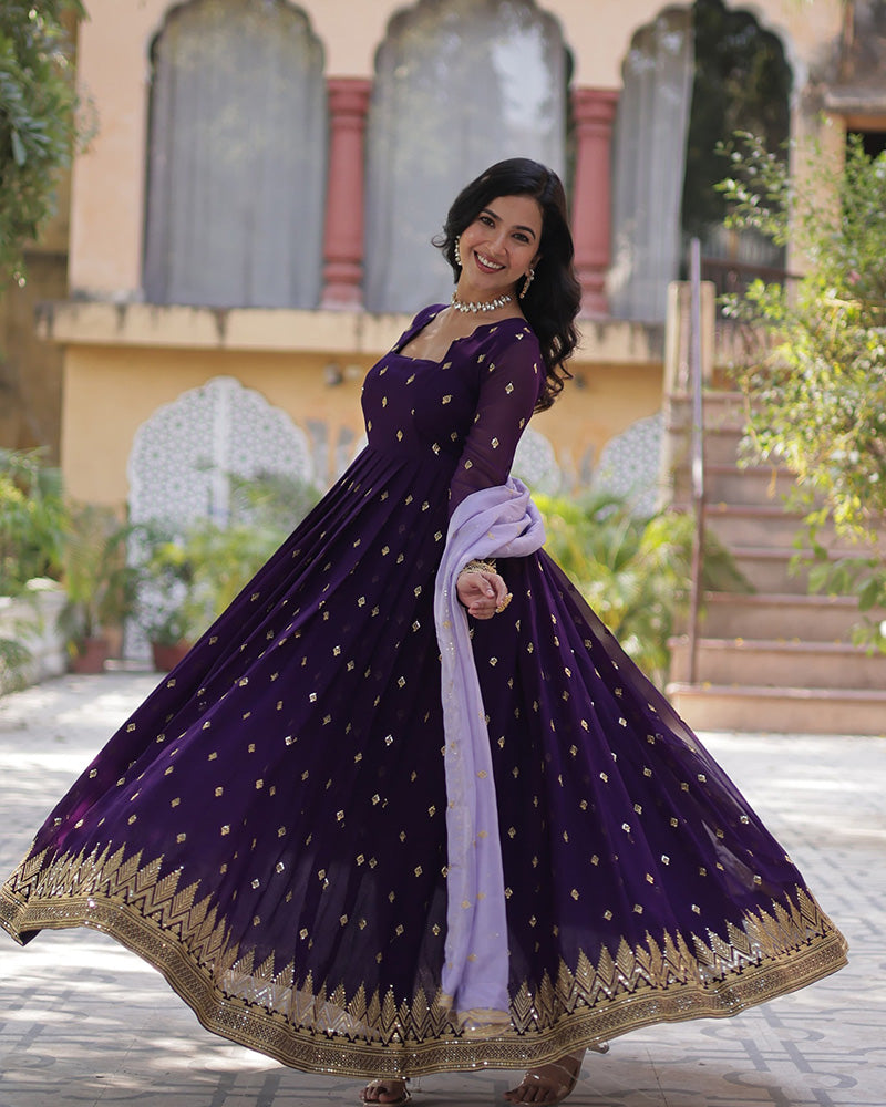 Dark Purple Color Floor Length Gown With Embroidered Dupatta – TANHAI