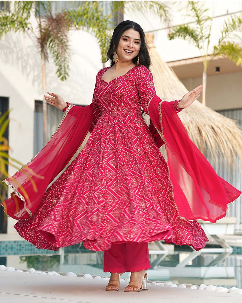 Rani Pink Color Rayon Bandhej Print Three Piece Anarkali Suit – TANHAI