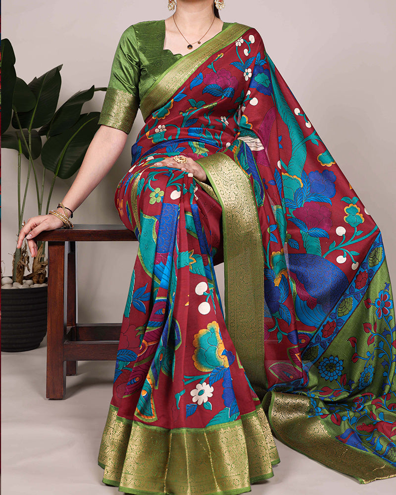 Maroon Color Tasar Silk Ethnic Printed Saree – TANHAI