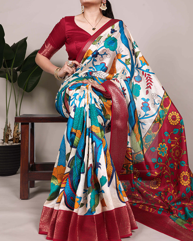 Off-White Color Tasar Silk Ethnic Printed Saree – TANHAI