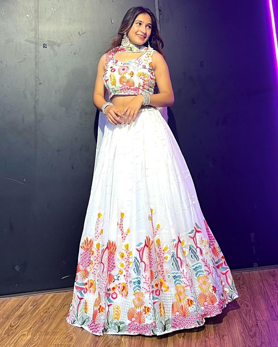 Kiran Rana in White Floral Nine Color Threaded Embroidered Soft George ...